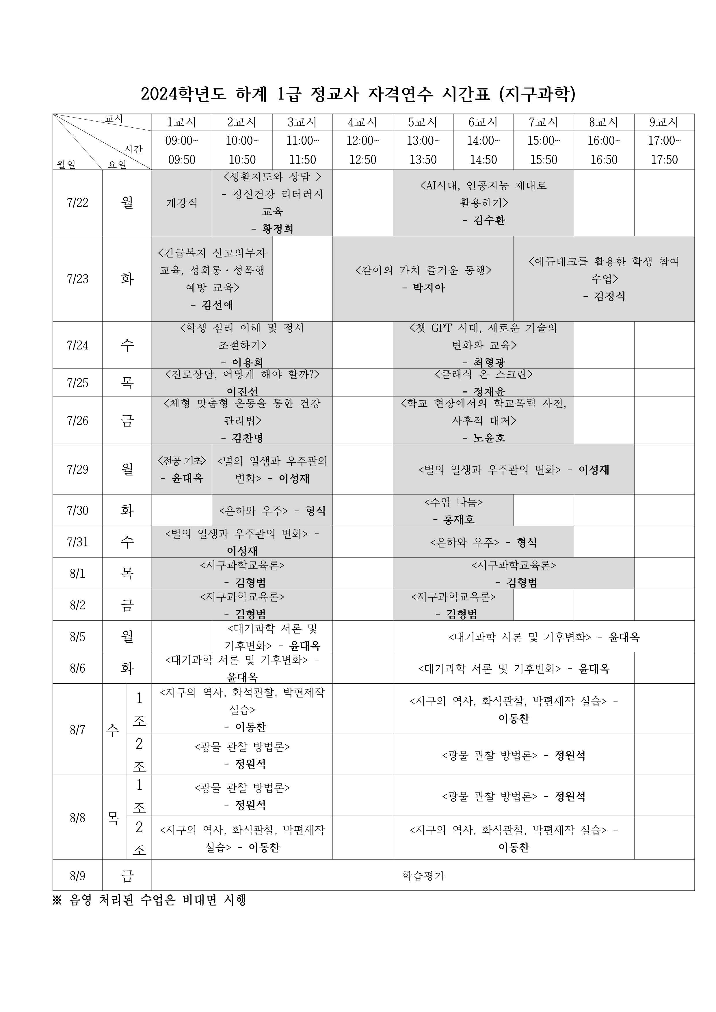 커뮤니티 - 24학년도 하계 1급 정교사 자격연수 시간표 - 지구과학(수정)